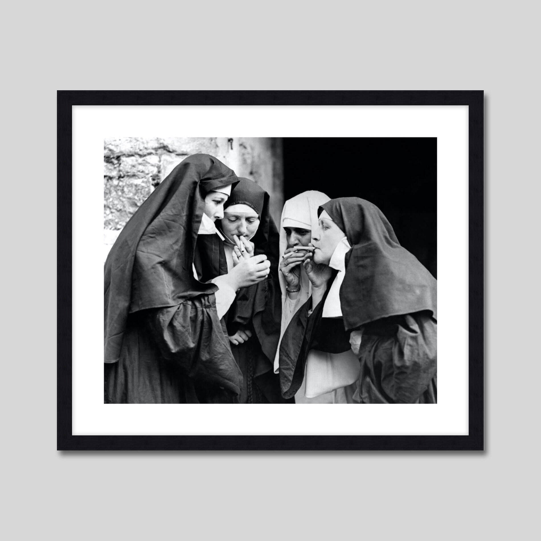 Nuns Smoking Art Print - Vintage Black & White Photography | Pop Motif